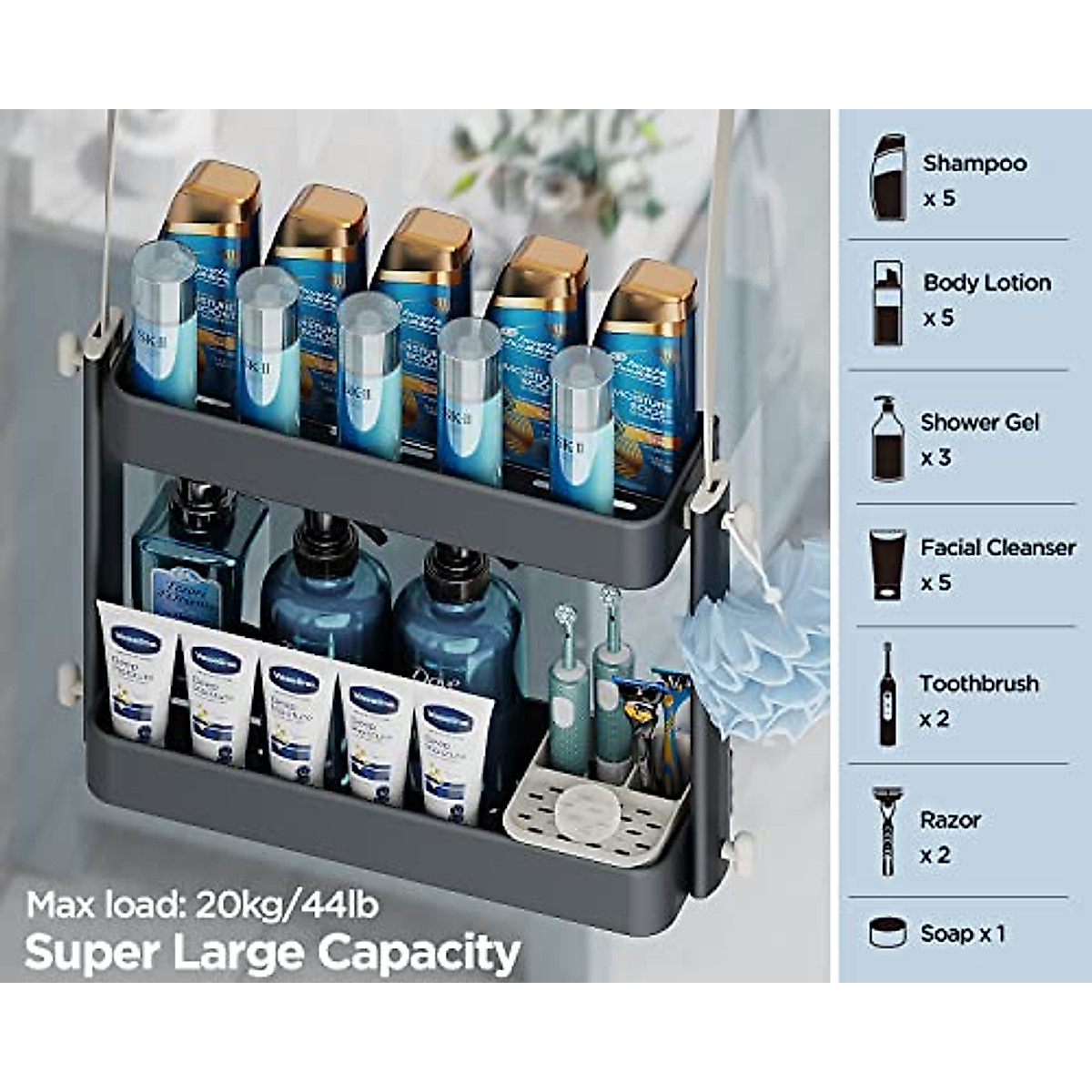 ADOVEL Shower Caddy Hanging, 2 in 1 Shower Caddy Over Shower Head/ Door, Sturdy Bathroom Shelf Organizer with Adjustable Height, Never Rust, No Drilling, 4 Suction Cups (Grey)