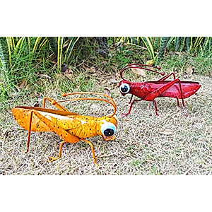 ShabbyDecor Metal Grasshopper Figurine Yard Art Locust Lawn Ornament Mantis Hanging Wall Sculpture Decoration Set of 2,Red&Yellow