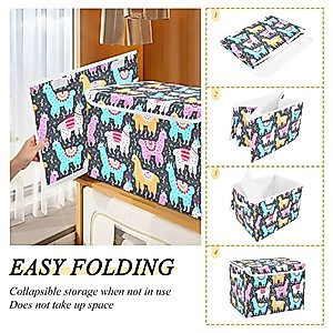 CaTaKu Cute Animals Llama Storage Bins with Lids Fabric Large Storage Container Cube Basket with Handle Decorative Storage Boxes for Organizing Clothes Shelves