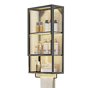 Wall Mounted Bathroom Cabinet with Towel Bar, Modern Home Washroom Vanity Cosmetic Storage Cabinet, Vanity Toilet Above Storage Display Rack, Multipurpose Hanging Cabinet for Laundry Room/Balcony