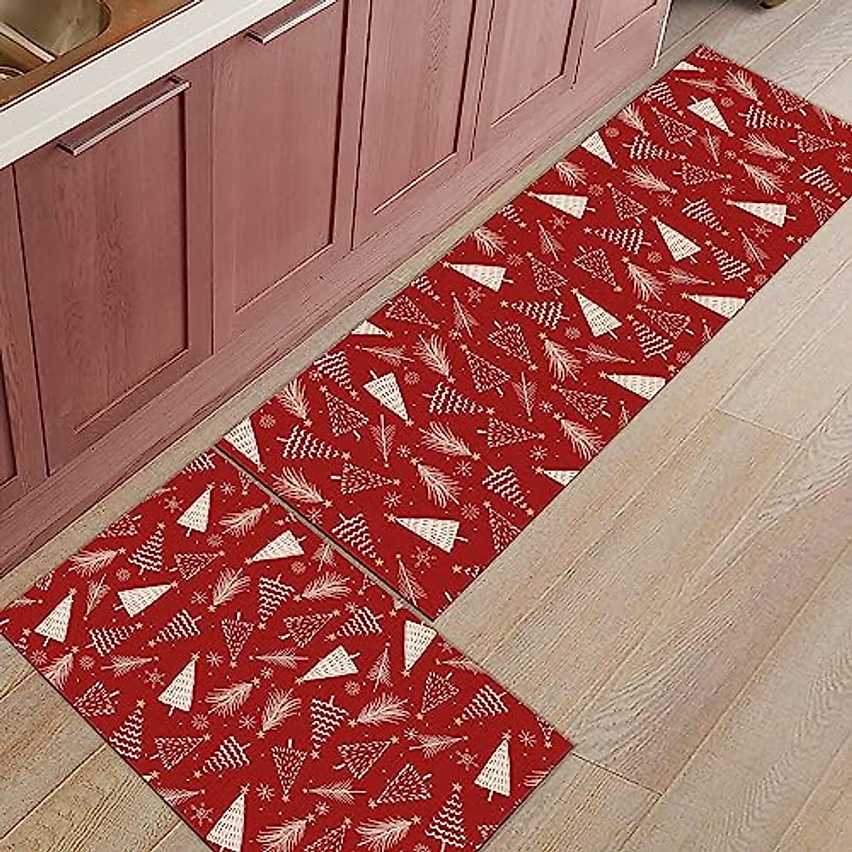 Libaoge Christmas Kitchen Rugs and Mats Set of 2 Xmas Tree Red Background Kitchen Sink Mat,Non-Slip Area Runner Rug,Washable Floor Mat for Home Dining Room Office 24"x35"+24"x71"