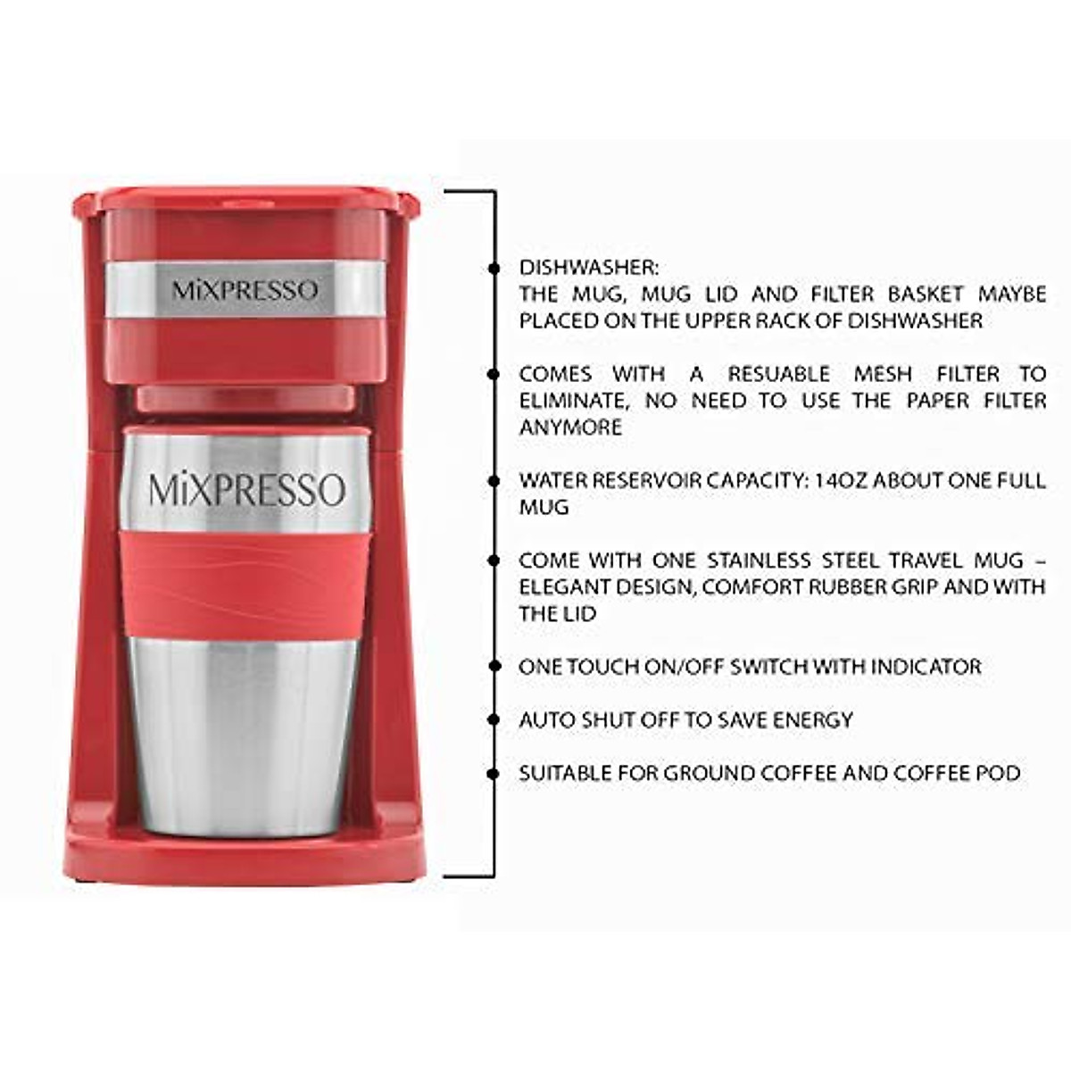 Mixpresso Personal Single-Serve Coffee Maker & 14oz Travel Mug, Drip Small Coffee Maker & Tumbler, Auto Shut Off & Reusable Filter, Red Coffee Maker Compatible with Coffee Grounds