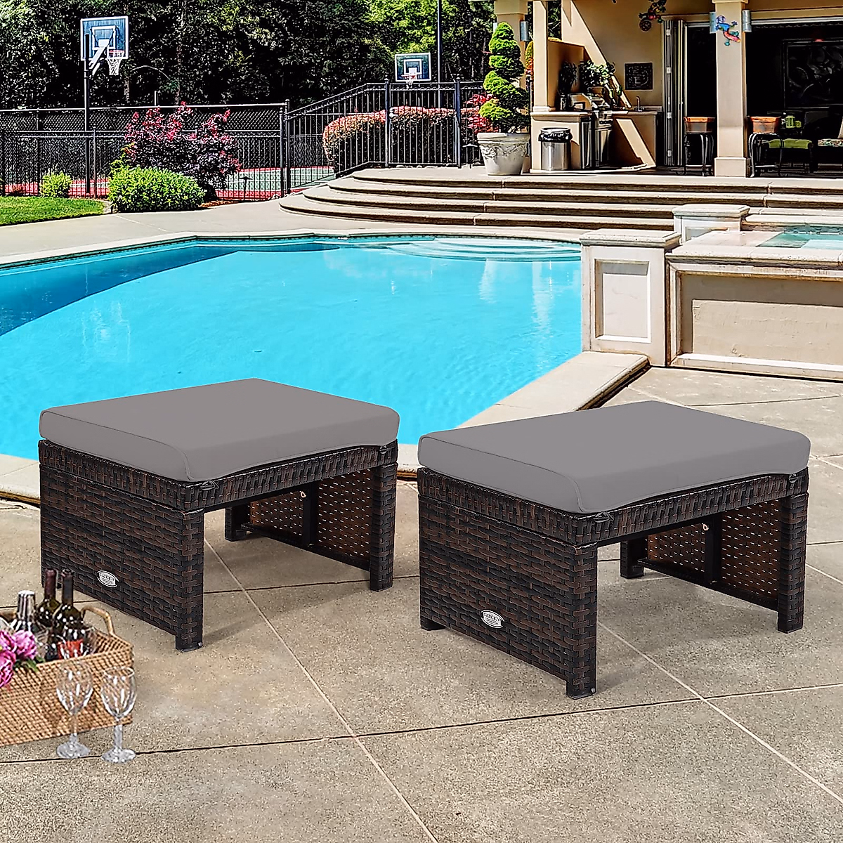 DORTALA 2 Piece Patio Wicker Ottomans, Outdoor Foot Rest with Cushions, PE Rattan Footstool for Patio, Garden, Poolside, Grey