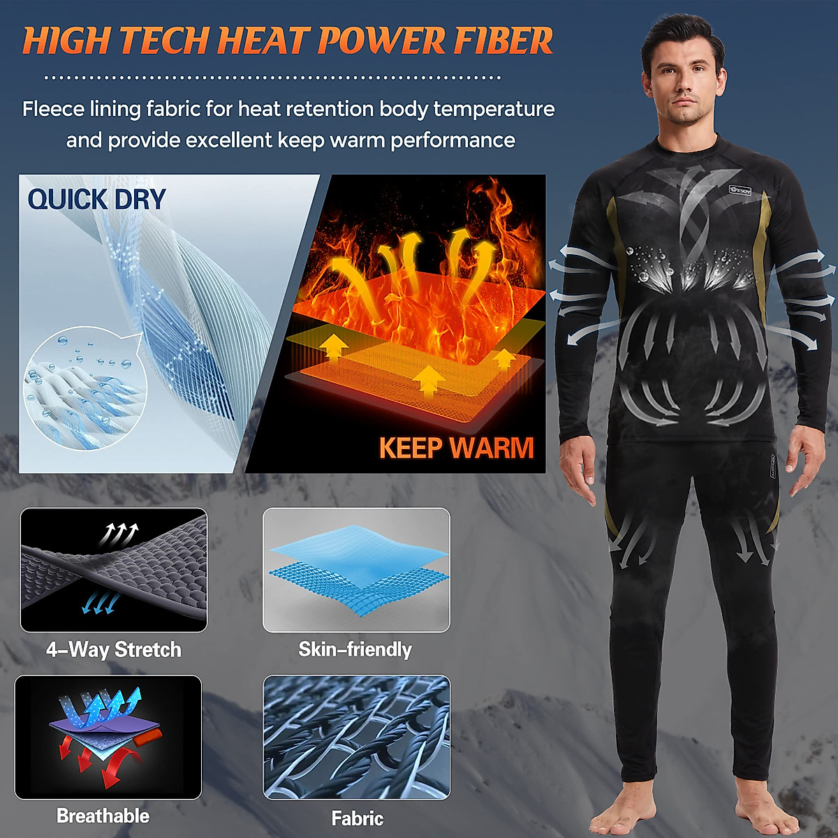 romision Thermal Underwear for Men 2 Pack Sets, Soft Long Johns Warm Base Layer Top and Bottom with Fleece Lined for Cold Winter