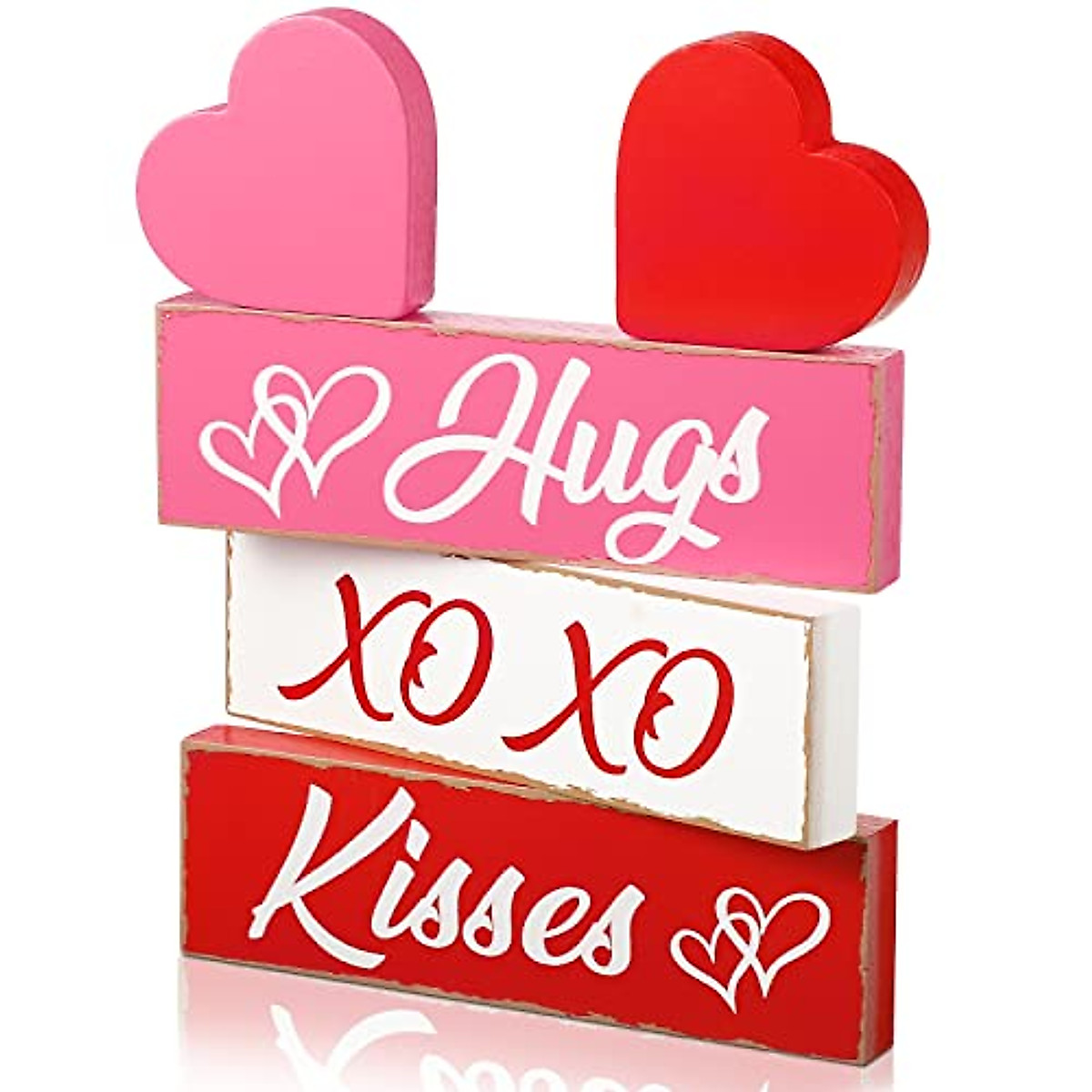 5 Pcs Valentine's Day Decorations Wooden Heart Blocks Signs Hugs Kisses Valentines Sign Decorations Gift Tiered Tray Decor Wood Heart Shape Wedding Decorations for Home Farmhouse (Heart)