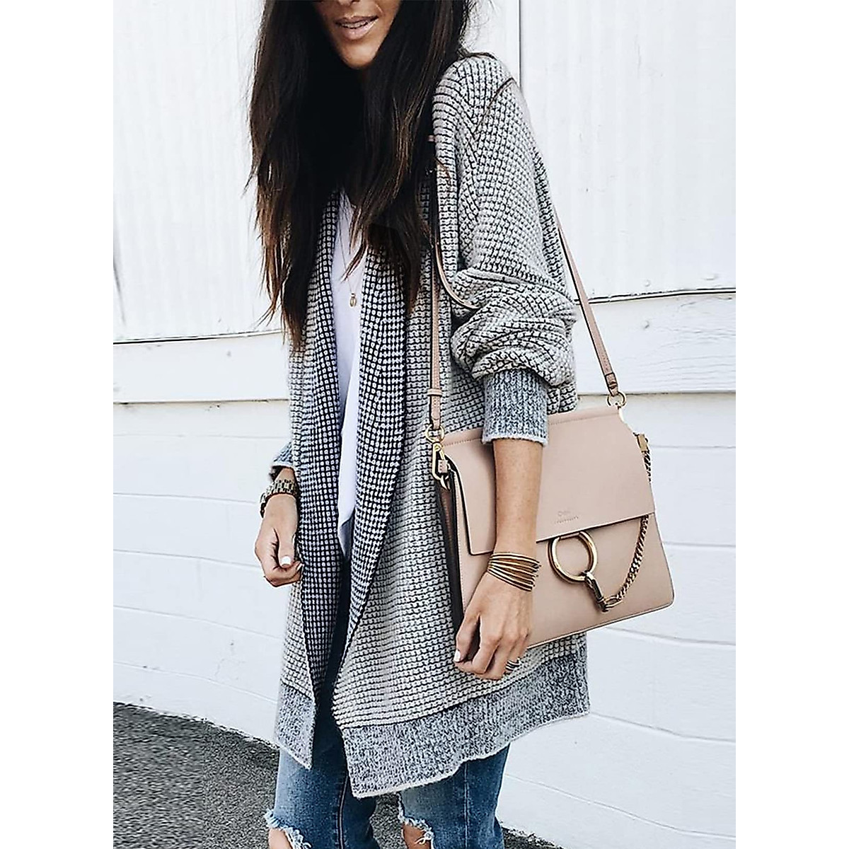 Sidefeel Womens Cardigan Plaid Open Front Chunky Knit Oversized Long Cardigan Sweaters Winter Coats Gray Medium