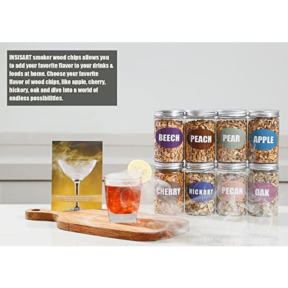 Natual Wood Chips for Smoker, (8 Gift Pack - Apple, Cherry, Oak, Pecan, Pear, Peach, Walnut, Beech) 8 OZ Each| Smoker Woodchips for Smoking Gun and BBQ, Great for Beef Pork Chicken Fish and Whisky