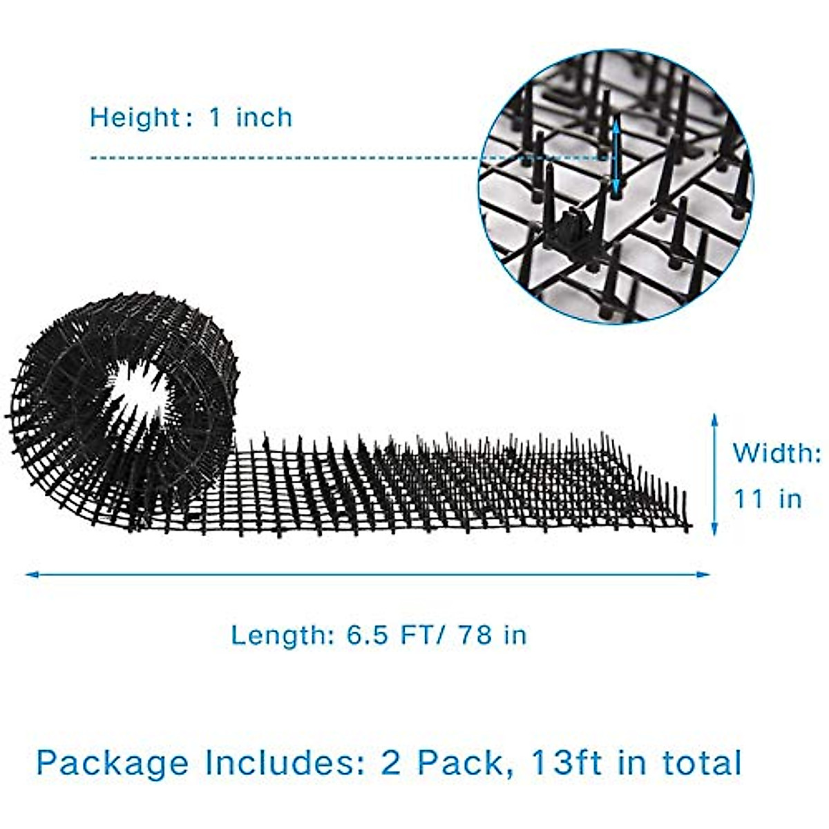 OCEANPAX Scat Cat Mat with Spikes Prickle Strips Digging Stopper Pest Repellent Spike Deterrent Mat, 78 inchx11 inch and 13FT