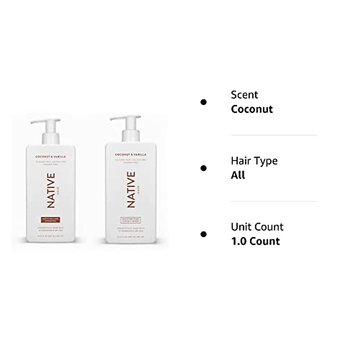 Native Shampoo and Conditioner Set | Sulfate Free, Paraben Free, Dye Free, with Naturally Derived Clean Ingredients| 16.5 oz (Coconut & Vanilla, Moisturizing), 2, 1.3 ounces
