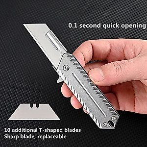 SZHOWORLD Stainless Steel Folding Utility Knife - Heavy Duty Box Cutter for Cartons, Cardboard and Boxes, Quick Change Blades, Extra 10 Blades Included