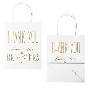 LaRibbons Medium Size Gift Bags - Gold Foil Mr. and Mrs. Thank You White Paper Bags with Handles for Wedding, Bridal Shower, Birthday, Baby Shower, Party Favors - 25 Pack - 8" x 4" x 10"