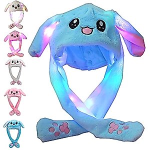 AIYUENCICI Funny Plush Rabbit Hat Ear Moving Jumping Hats Cute Bunny Hat Cap for Women Girls Cosplay Party Holiday (LED Blue)