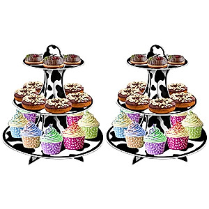 2 Set 3-Tier Farm Animal Cow Print Round Cardboard Cupcake Stand for 24 Cupcakes Perfect for Cow Boy Birthday Party Decorations Baby Shower Decor Cow Print Party Supplies