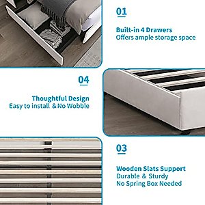 Mjkone Queen Platform Bed Frames with 4 Storage Drawers, Velvet Upholstered Bed Frame Has Adjustable Button Tufted Headboard, No Box Spring Needed/Easy Assembly/No Mattress (Beige, Queen Size)