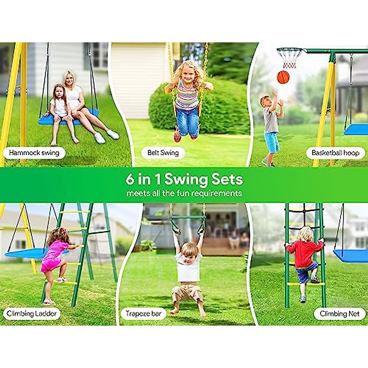 Swing Sets for Backyard, Osoeri 6 in 1 Swing Set, 440 lbs Heavy-Duty Metal Swing Sets for Backyard with Two Swings, Climbing Ladder and Nets, Trapeze Bar and Basketball Hoop