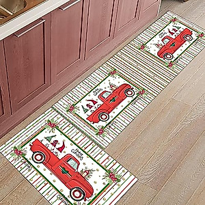 Christmas 2 Pieces Kitchen Rugs and Mats Set, Merry Christmas Red Truck with Gnome Green Stripes Kitchen Mats Cushioned Floormat Non Slip Runner Rug Set for Kitchen Laundry Entryway, 18"x30"+18"x60"