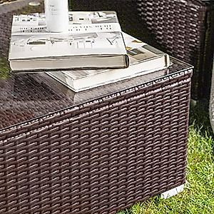 SUNBURY Outdoor Sectional 7-Piece Espresso Brown Wicker Sofa Patio Furniture Set w 2 Stripe Pillows, Denim Blue Cushions, Tempered Glass Table, Weatherproof Cover for Backyard