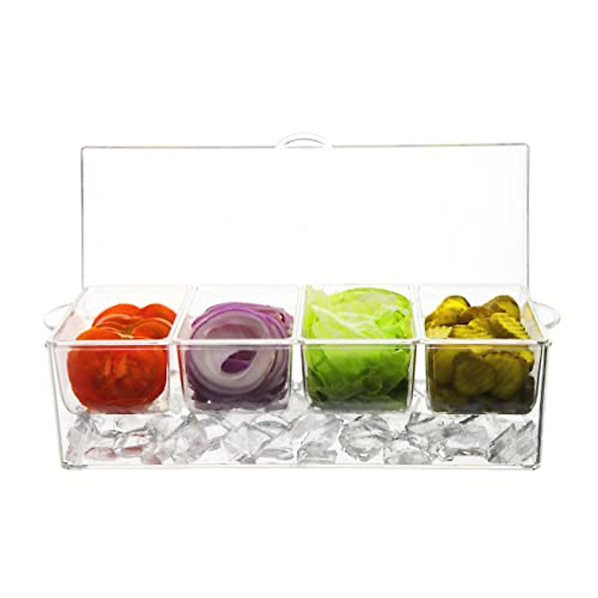 Oaklyn Large Clear Condiment Server Organizer on Ice with Containers and Lid – BPA-Free Serving Bar Compartments and Plastic Box Tray – Chilled Caddy Dispenser Set - Holds 80 oz Total