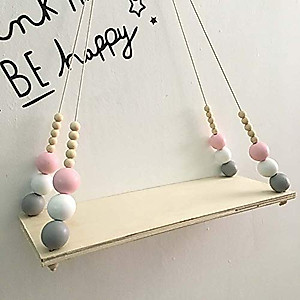 Baost Nordic Wood Beads Wall Hanging Shelf Board Wood Jute Rope Floating Shelves Hanging Storage Shelves Kids Room Nursery Wall Display Shelves Bedroom Organizer Pink White Grey