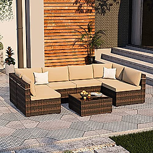 UPHA 7 Pieces Patio Furniture Set, Outdoor Sectional Brown PE Rattan Wicker Sofa Set with Cushions and Tempered Glass Coffee Table for Poolside, Lawn, Garden and Balcony