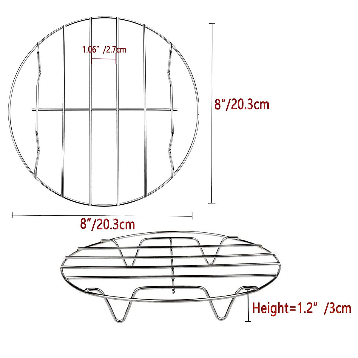 TamBee 8 Inch Cooking Rack Round 304 Stainless Steel Baking and Cooling Steaming Rack w Stand Cookware Fit for Air Fryer Pressure Cooker Canning Set of 2