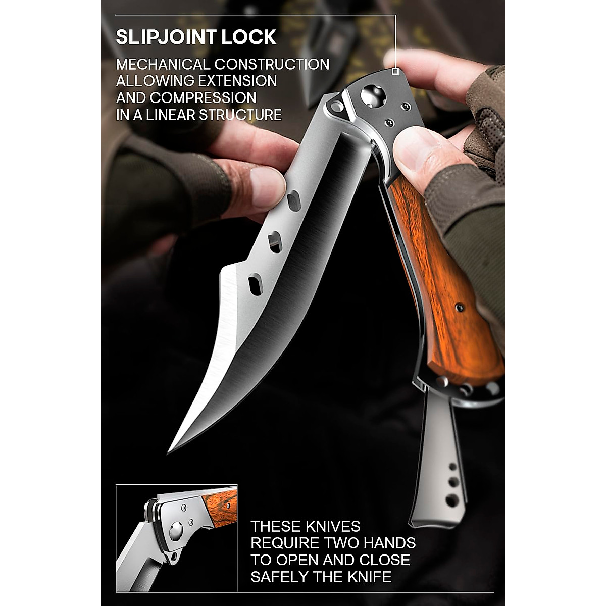 Long Blade Folding Knife - Sharp Hunting Hiking Camping Tactical Survival Work Knives for Men Women - Foldable Large Knife with Rosewood Handle - Fits any Knife Sharpener - Father s Day Gifts 4172