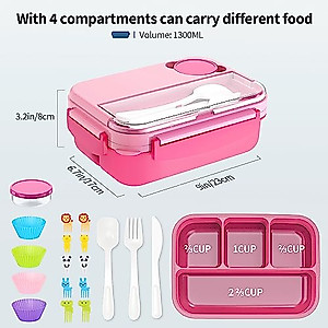 Bento Box, Lunch Box Kids, Bento Lunch Box for Kids/Toddler/Adults, 1300ML-4 Compartment Bento Box Adult Lunch Box w/Food Picks Cake Cups, Built-in Utensil Set, Leak-Proof, Food-Safe Materials(Pink)