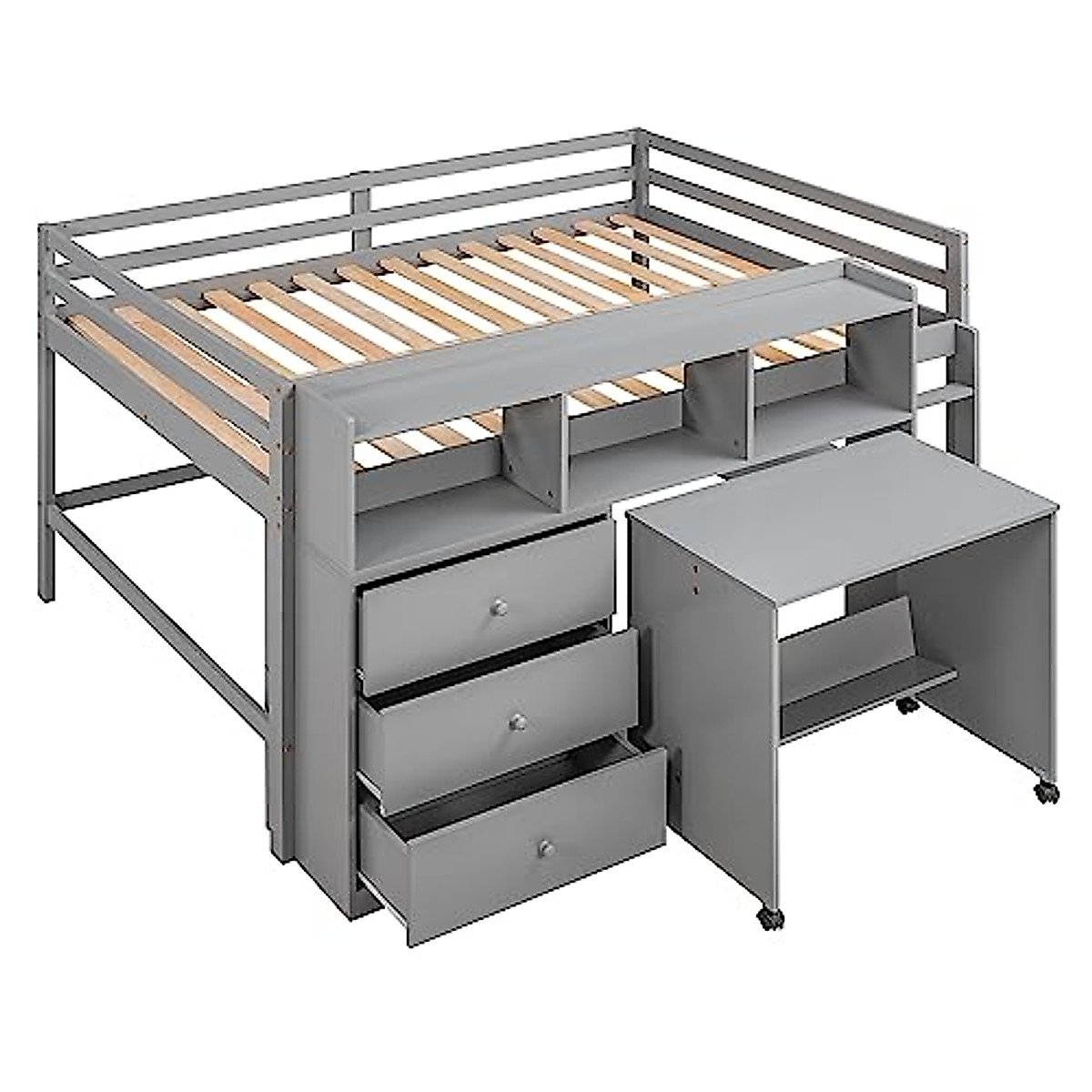 Wooden Full Size Bed Frame Full Size Low Loft Bed with Rolling Portable Desk, Drawers and Shelves, Gray