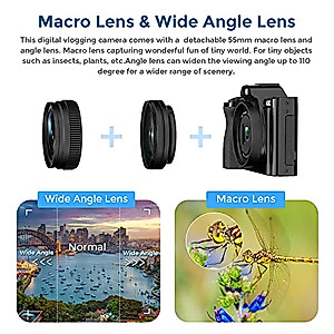 4K Digital Camera FHD 48MP Video Camera 16X Digital Zoom WiFi Vlogging Camera with Flash Light 3.7" Screen Compact Camera for Social Media 32GB SD Card 2 Batteries Wide Angle Lens Macro Lens