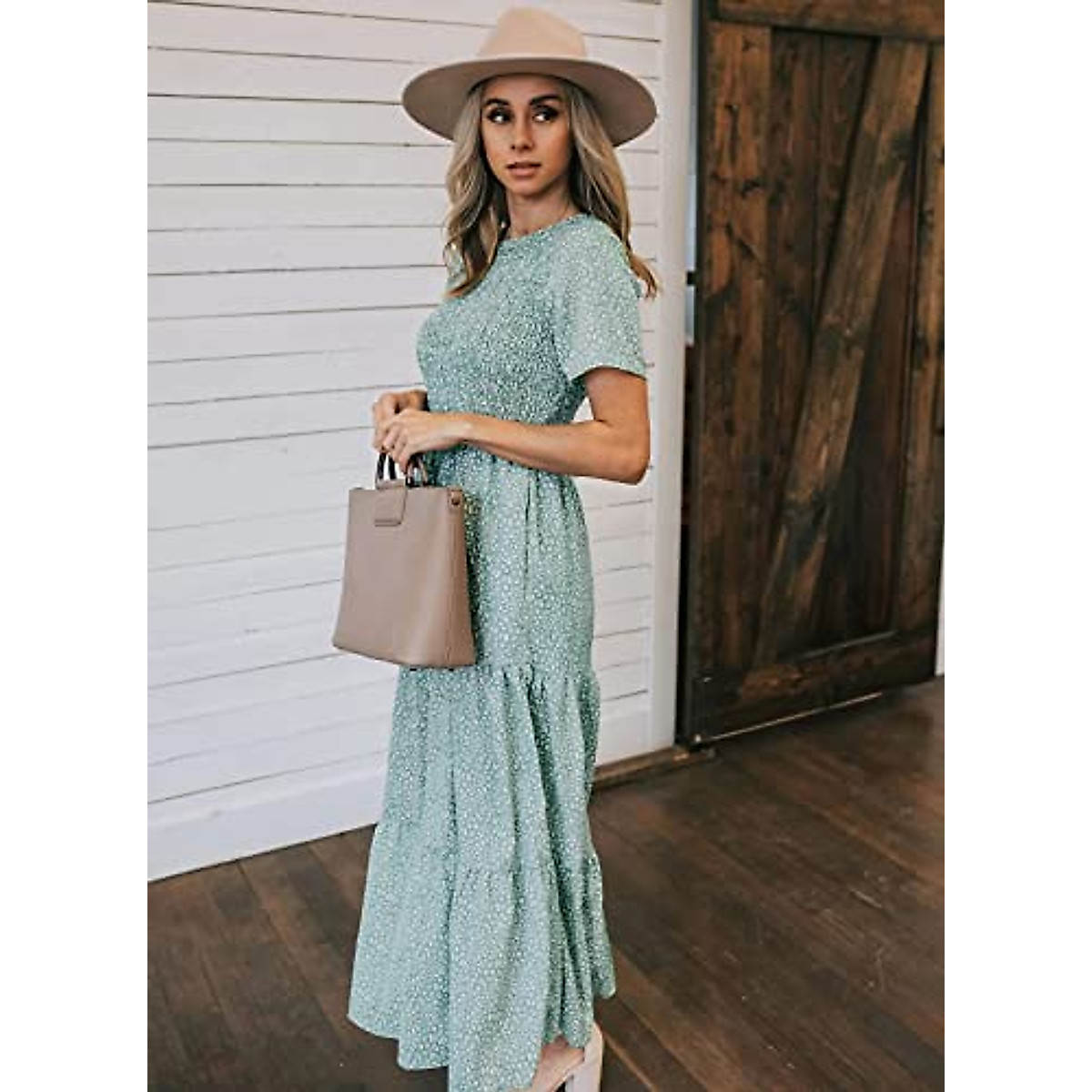 Zattcas Womens 2023 Spring Summer Smocked Tiered Boho Floral Long Maxi Dresses Casual Short Sleeve Modest Flowy Church Maternity Wedding Guest Dress Light Green M