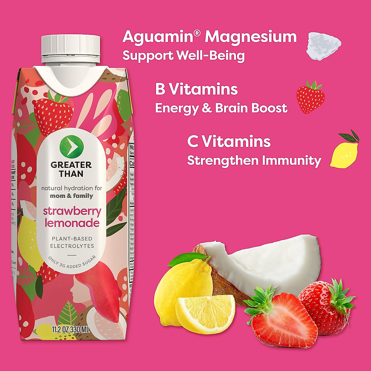 Greater Than Lactation Supplement Support, Coconut Water, Vitamins & Electrolyte Drink for Breastfeeding & Immune Support, Lactation Cookies Alt, Gluten Free, Low Sugar, 12 Pack, Strawberry Lemonade