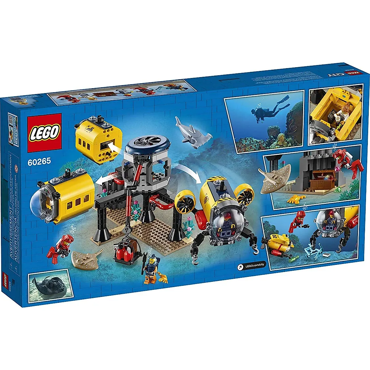 LEGO City Ocean Exploration Base Playset 60265, with Submarine, Underwater Drone, Diver, Sub Pilot, Scientist and 2 Diver Minifigures, Plus Stingray and Hammerhead Shark Figures (497 Pieces)
