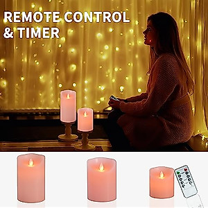 Flameless LED Battery Operated Flickering Candles: 4" 5" 6" Set of 3 Pink Real Wax Pillar Dancing Flame 10-Key Remote Control Candle Lights 300Hours For Holiday,Gifts, Thanksgiving, Christmas, Wedding