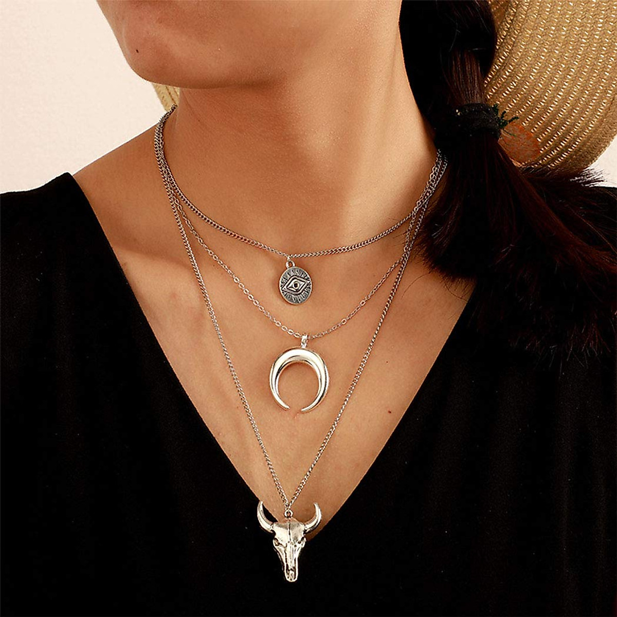 TWINKLEDE Boho Layered Necklace Silver Moon Pendant Necklaces Chain Evil Eye Bull Head Necklace Jewelry for Women (Silver Moon Evil Eye)