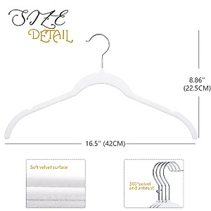 ManGotree 50 Pack Velvet Shirt Hangers for Women, 16.5'' Suit Hangers with 360° Swivel Hook, Non-Slip Coat Clothes Hangers for Tank Top, Shirts, Dress, Blouses, Strappy Dresses (White)