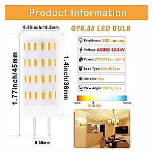 Lamsky GY6.35 LED Light Bulb Dimmable,G6.35/GY6.35 Bi-pin Base 5W,AC/DC 12V 24V Warm White 3000K,GY6.35 Base T4 JC Type 50W Halogen Replacement(5-Pack)