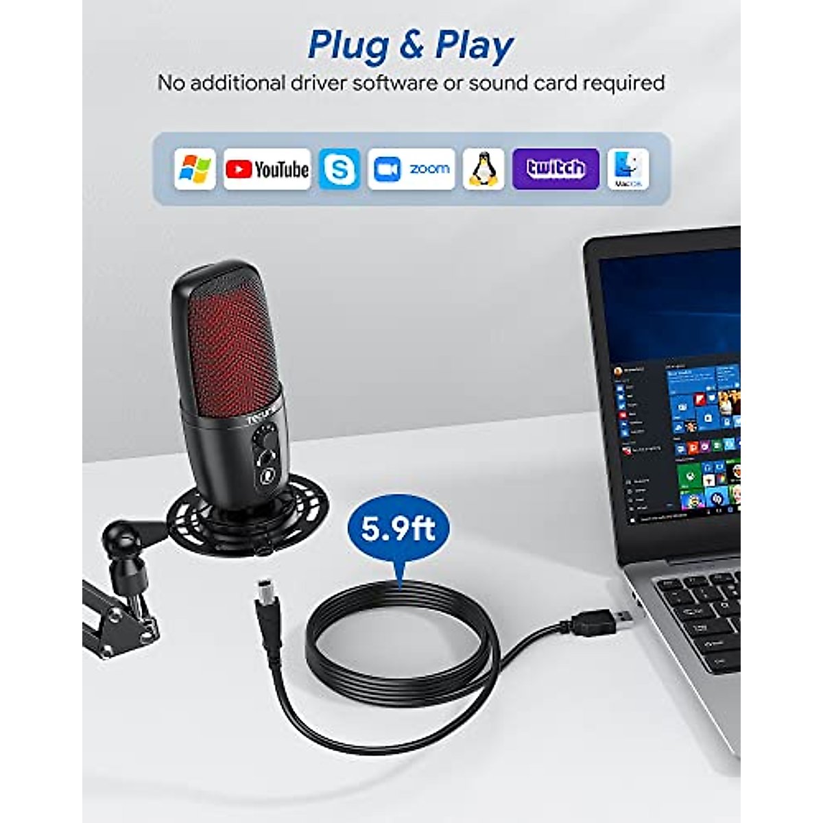 TECURS USB Microphone Condenser, PC Microphone Kit for Computer, Streaming Mic with Adjustable Boom Arm, Gaming,Microphone for Podcast, Twitch, YouTube, PS4, PS5