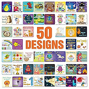 Shemira 100 Pack Lunch Box Notes for Kids, Inspirational Affirmation Cards for Kindergarten Girls Boys,Motivational Cards for Kids, Back to School Supplies,50 Styles,3.5 x 3.5 inches,Blank Back