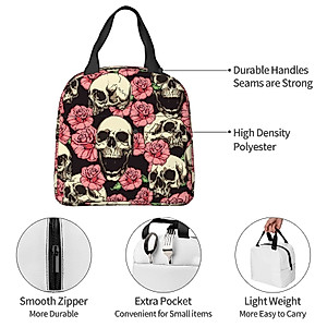 Skull Lunch Bag Box Tote Pink Rose Flowers Organizer Lunch Container Black Insulated Zipper Meal Prep Cooler Handbag For Women Men Home School Office Outdoor Gift