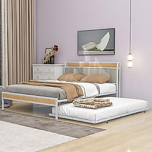 Parga Queen-Size Metal Platform Bed Frame with Twin-Size Trundle (White)