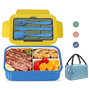 Landmore Bento Box Lunch Box for Kids Adults, 1100 ML Bento Lunch Box for Kids 3 Compartments with Utensils and Lunch Bag, Leakproof BPA Free(Blue)