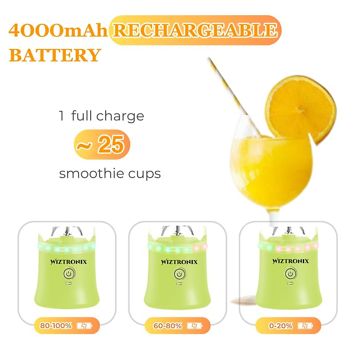 Cordless 21oz Portable Blender BPA Free With Personal Blender Cup, Best For Smoothie, Shakes, and Cocktails, With Durable Stainless Steel Blades, USB-C Rechargeable in Lime By WIZTRONIX