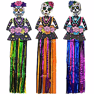4E's Novelty 3 Pack Day of The Dead Hanging Decorations, 36" Dia de Los Muertos Decor Banner (3ft Tall) for Party Decorations Home Indoor Outdoor Supplies, Halloween Sugar Skull Decor