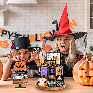 Halloween Tiered Tray Decor |Happy Halloween Decorations Indoor| Rustic Halloween Wooden Sign for Kitchen Home Table Room, 14PCs Halloween Party Supplies(Tray Not Included)
