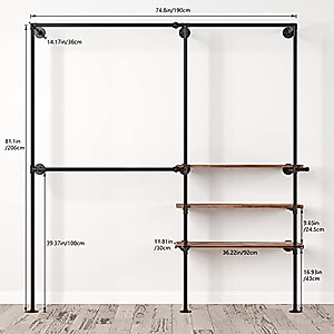 ONOTETUT Industrial Pipe Clothing Rack with Shelves,Industrial Clothing Rack for Hanging Clothes,75 Inch Wall Mounted Clothes Rack,Wall Clothes Rack,Industrial Pipe Clothes Rack With Wood Planks