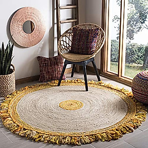 SAFAVIEH Cape Cod Collection 3' Round Gold / Natural CAP212D Handmade Boho Fringe Jute & Cotton Area Rug