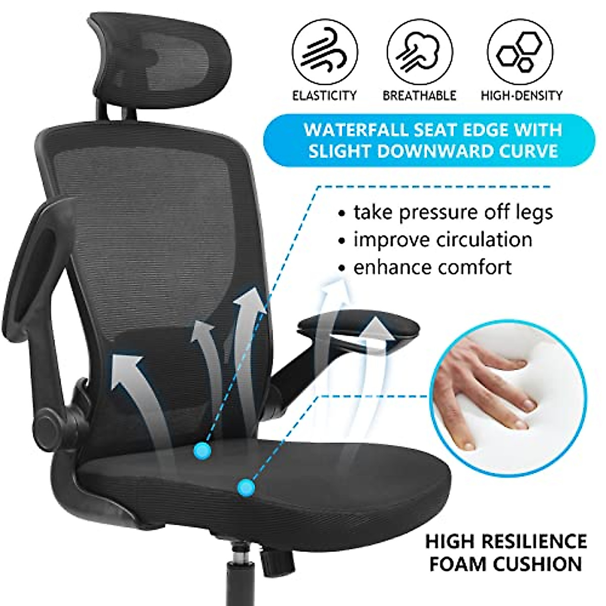 KERDOM Ergonomic Office Chair, Breathable Mesh Desk Chair, Lumbar Support Computer Chair with Headrest and Flip-up Arms, Swivel Task Chair, Adjustable Height Gaming Chair(Black)