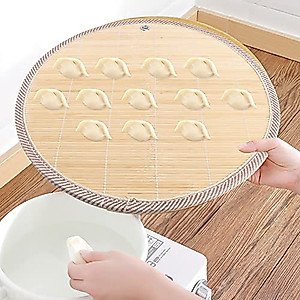 2Pcs Bamboo Dumpling mat Wood Serving Tray Round Dumpling Serving Platter Coffee Table Serving Tray Handmade Rattan Food Tray for Chinese Dumplings mat Kitchen Bamboo Steamer Liner (Khaki)