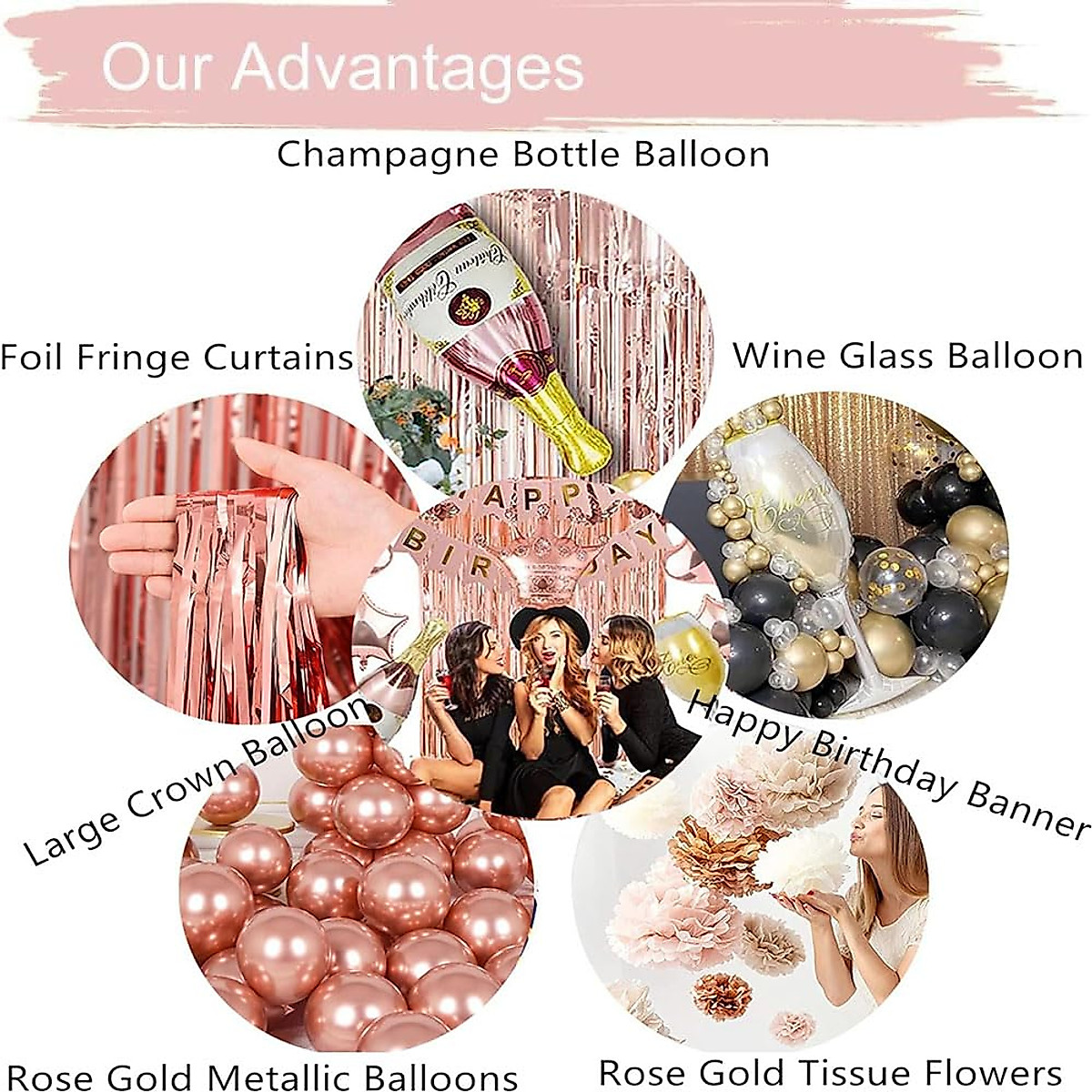 Rose Gold Birthday Party Supplies Happy Birthday Banner Tissue Flowers Confetti Balloons Foil Curtain for 18th 21st 30th 40th 50th Girls Women Birthday Party Decorations