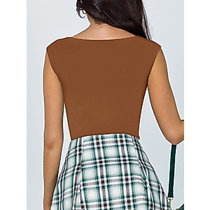 REORIA Women's Summer Sexy Casual V Neck Double Lined Seamless Sleeveless Slimming One Piece Leotards Going Out Trendy Tank Top Tees Thong Bodysuits Brown Medium